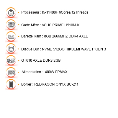 DESKTOP ONYX VII I5-11400F|8GO|512GB SSD|GT610 2GB chez Alltec
